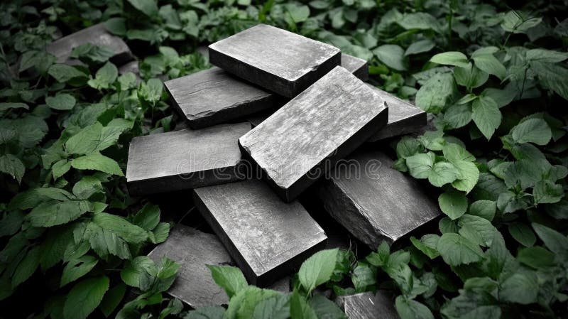 Artistic Arrangement of Rectangular Stones on Lush Green Foliage in a ...