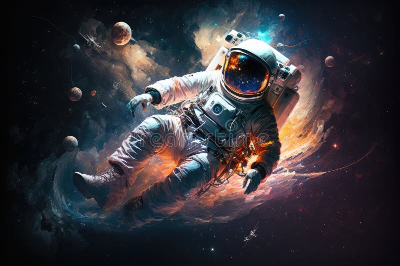 Artistic Astronaut Floating through Space, Surrounded by Stars and ...