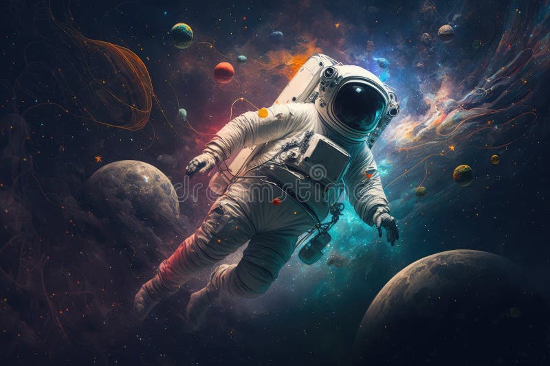 Artistic Astronaut Floating through Space Surrounded by Stars and ...