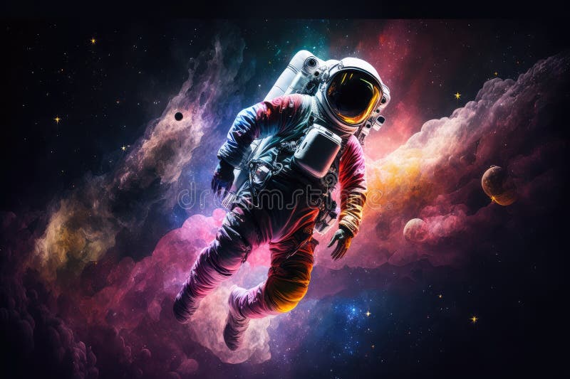 Artistic Astronaut Floating through Nebula, with Colorful Stars Visible ...