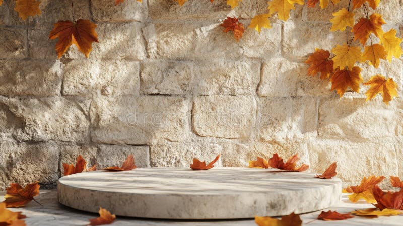 An Artistic Autumn Podium Display Featuring Fall Leaves Set Against a ...