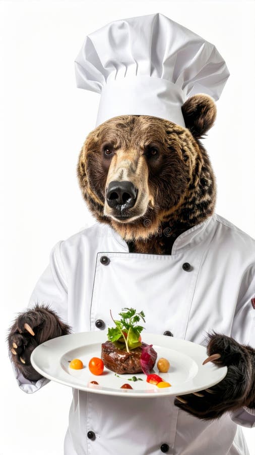Artistic Bear Chef in White Uniform Presenting Gourmet Dish on White ...