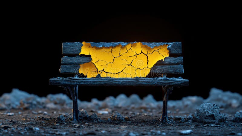 Artistic Bench with Vibrant Cracked Surface and Glowing Inner Light on ...