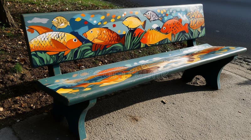 Artistic Bench with a Vibrant Fish Theme, Outdoors. a Creative Seating ...