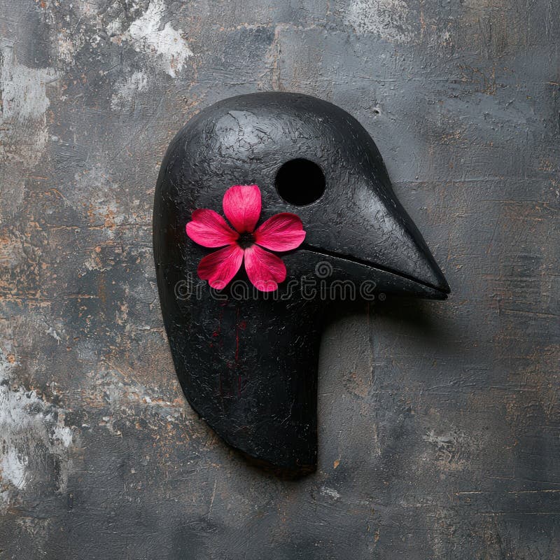Artistic Black Bird Mask with Vibrant Red Flower Stock Illustration ...