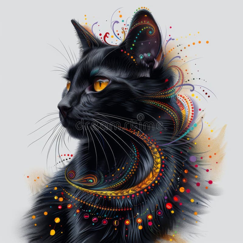 Artistic Black Cat with Abstract Neon Design on Gray Background Stock ...