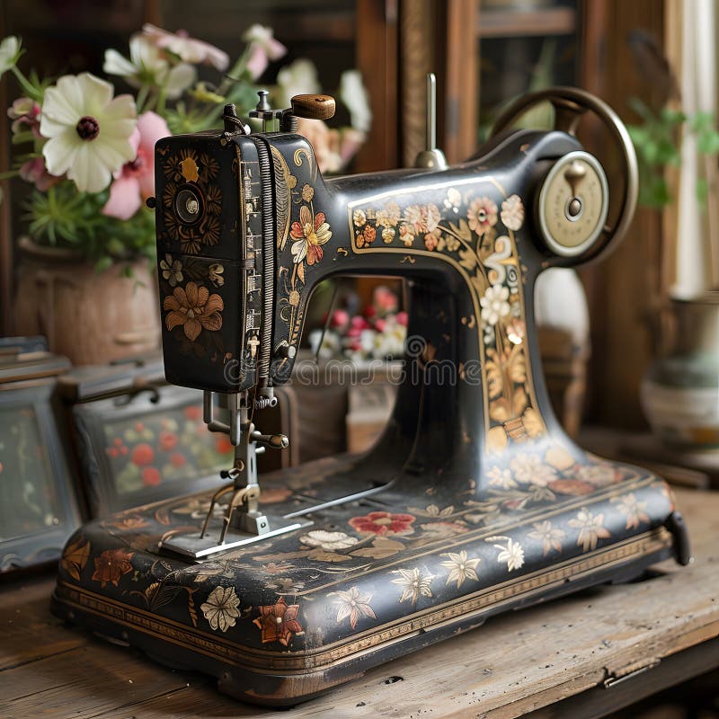 Artistic Black and Gold Sewing Machine Adorned with Flower Decorations ...