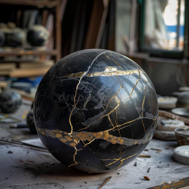 Artistic Black Sphere with Golden Cracks on a Workshop Table Stock ...