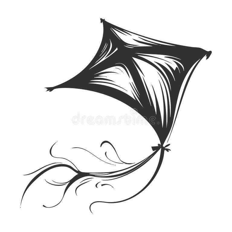 Artistic Black and White Illustration of a Kite with Flowing Tail ...