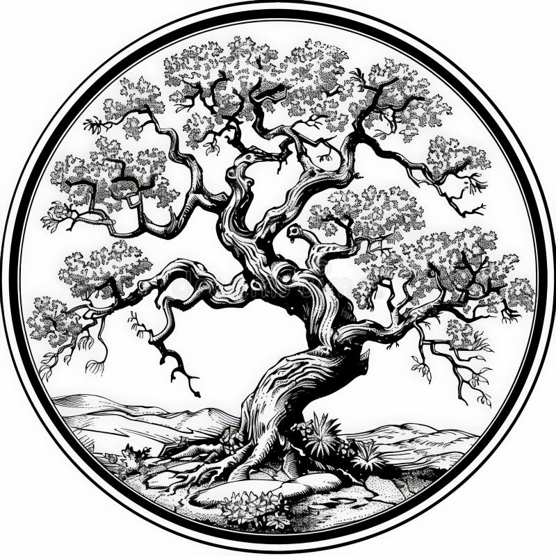 Artistic Black and White Illustration of a Tree in a Circle Stock ...