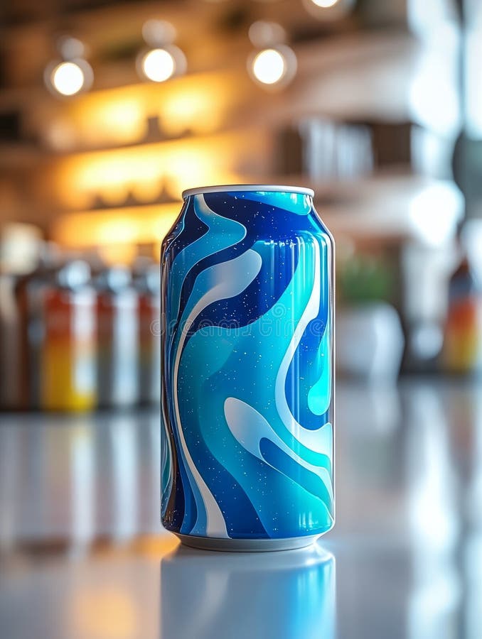 Artistic Blue Soda Can with Waves Design in a Blurry Background Stock ...