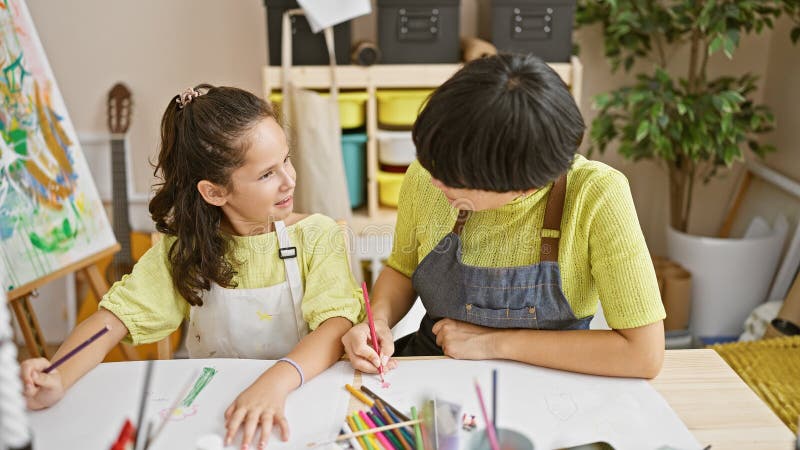 Artistic Bonding, Teacher and Student Together Draw, Speaking ...