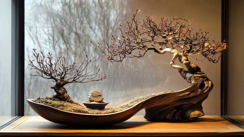 Artistic Bonsai Tree Display in Unique Pot Stock Illustration ...