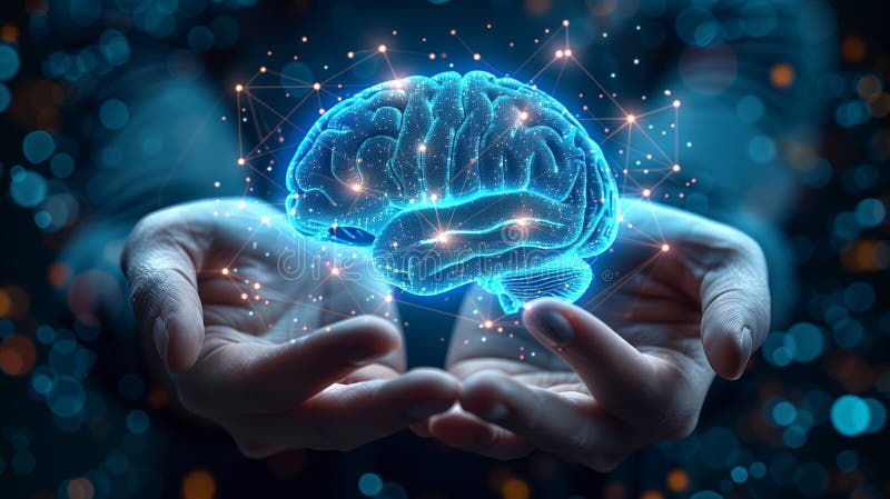 Artistic Brain Held in Hands with Glowing Lights Stock Illustration ...