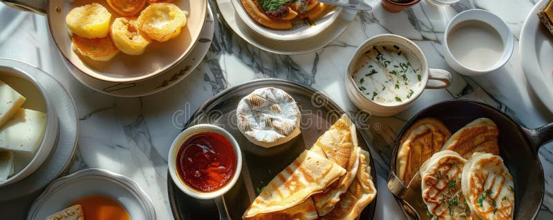 Artistic Breakfast Spread Featuring Cheeses and Dumplings on a Stylish ...