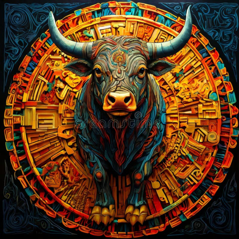 Artistic Bull Against Vibrant Geometric Background Stock Image - Image ...