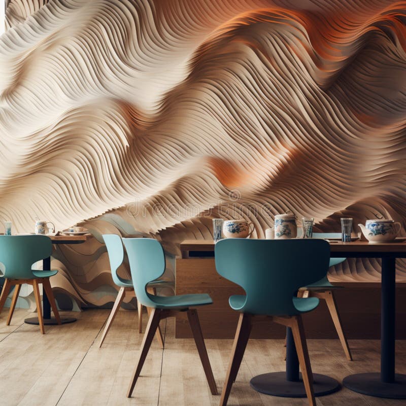 An Artistic Cafe Interior with 3D Wave-patterned Walls Stock ...
