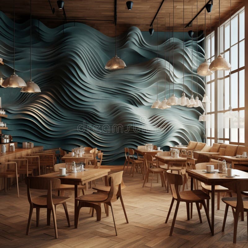 An Artistic Cafe Interior with 3D Wave-patterned Walls Stock ...