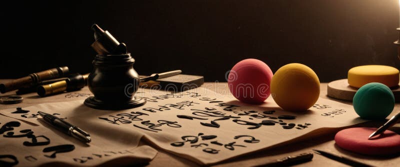 Artistic Calligraphy Setup with Ink and Colored Balls Stock Photo ...