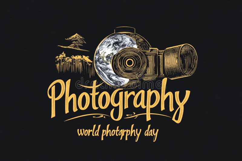 Artistic Camera Lens Earth Globe on Dark Backdrop with Calligraphy ...