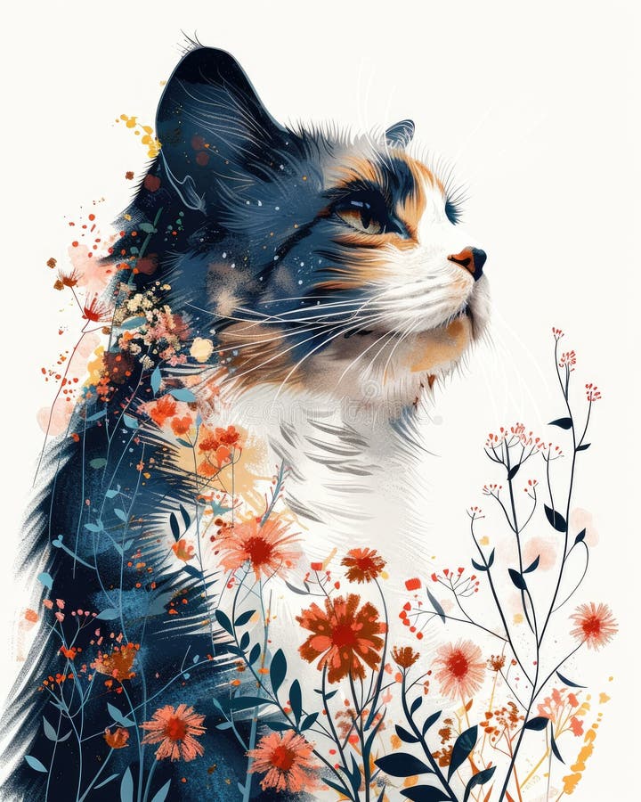 Artistic Cat Illustration with Floral Elements Stock Illustration ...