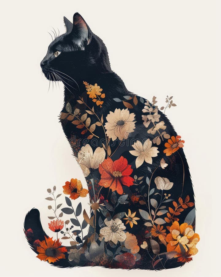 Artistic Cat Illustration with Floral Elements Stock Illustration ...