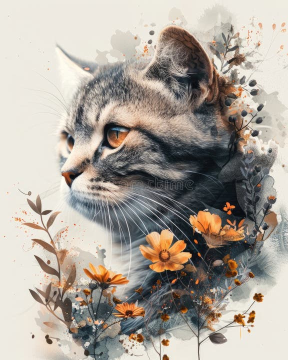 Artistic Cat Illustration with Floral Elements Stock Illustration ...