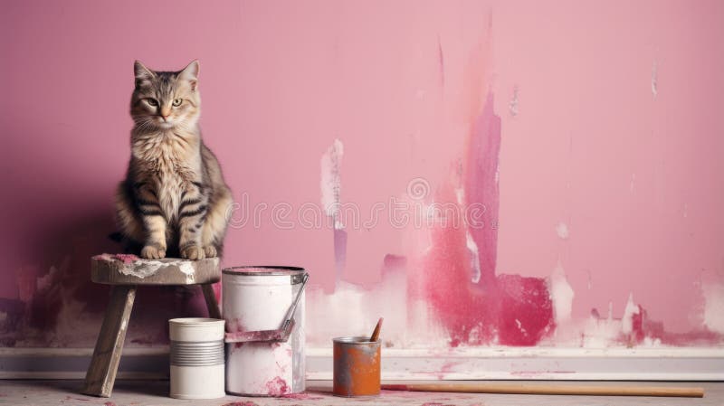 Artistic Cat Painter Creating on a Vibrant Pink Backdrop. Stock Image ...