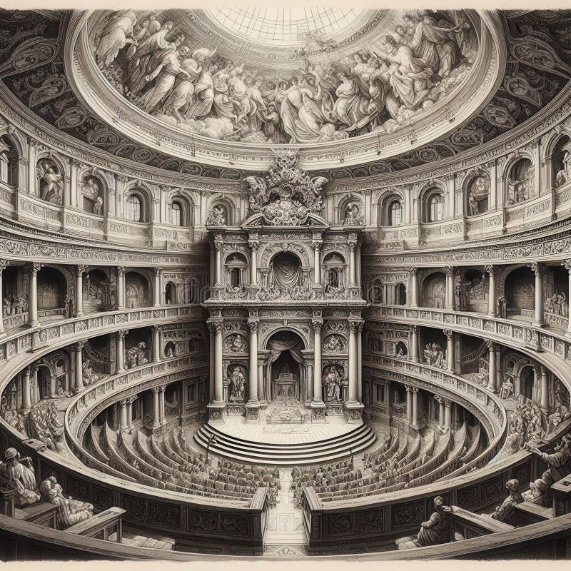 Dome-Capped Theater Interior with Stage View Stock Illustration ...