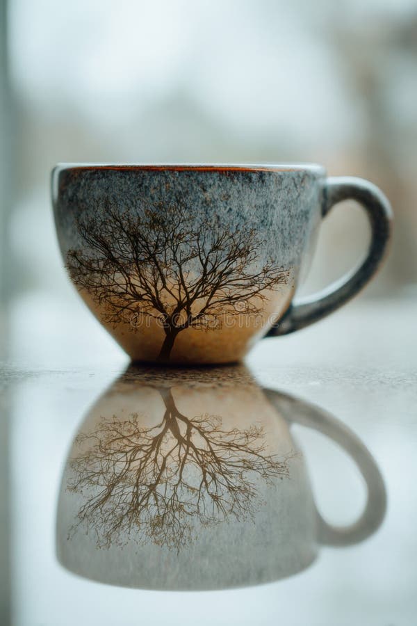 Artistic Ceramic Cup Featuring a Tree Silhouette Design, Placed on a ...