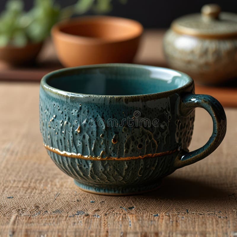 Artistic Ceramic Cup with Textured Surface on Table Surrounded by ...
