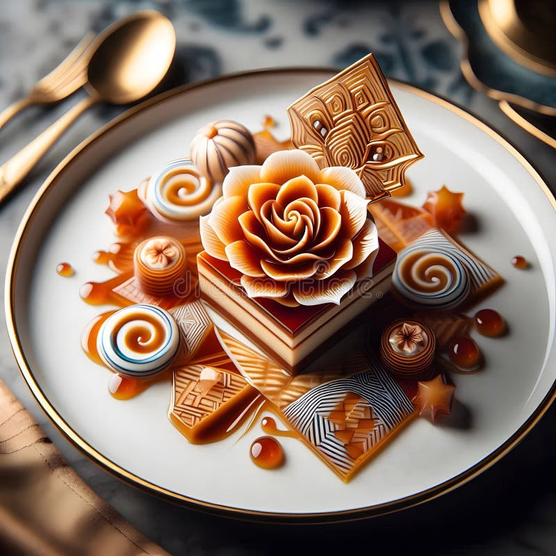 Artistic Cinnamon Roll with Rose Design and Garnishes Stock ...