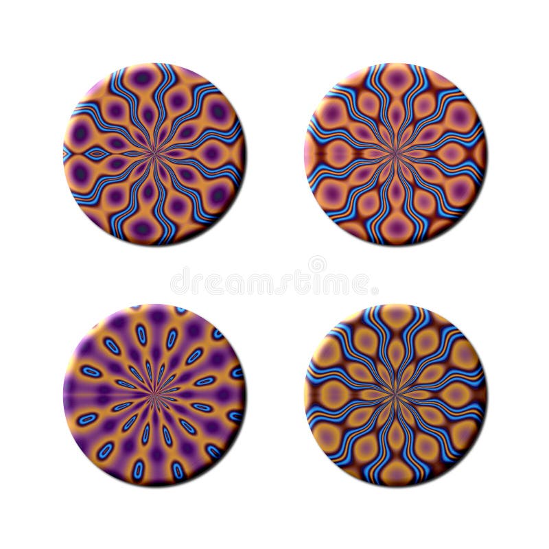 Artistic Circular Buttons with Brown, Yellow and Blue Radial Patterns ...