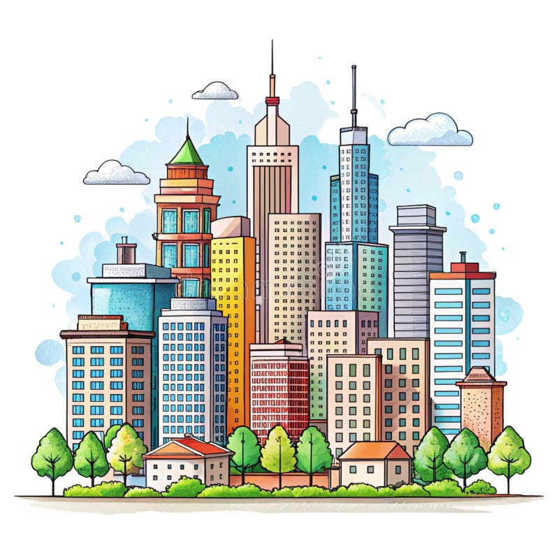 Cityscape Drawing Isolated on White Background Stock Illustration ...