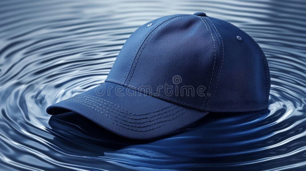Artistic Close Up of Blue Hat Floating on Rippled Water Surface with ...