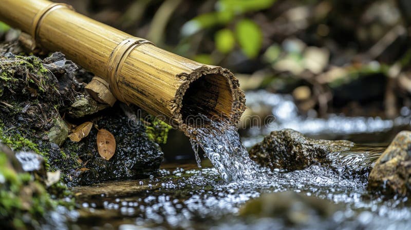 Artistic Close-up of Handmade Bamboo Water System in Natural Forest ...