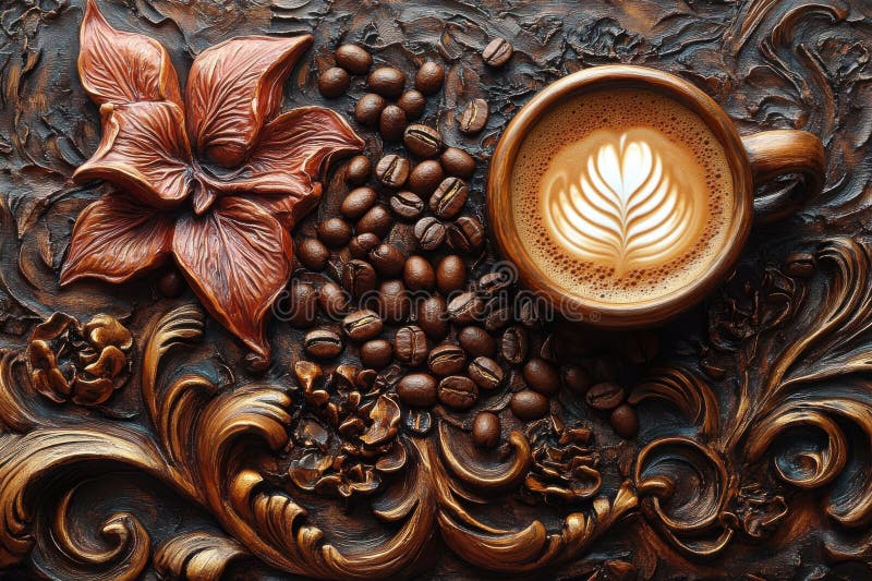 Artistic Coffee Composition with Latte Art and Coffee Beans on Textured ...