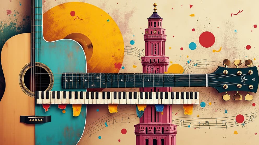 Artistic Collage Blending Musical Instruments and Architectural ...