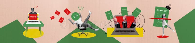 Creative Collage Featuring Modern Illustrations of Work Scenarios with ...