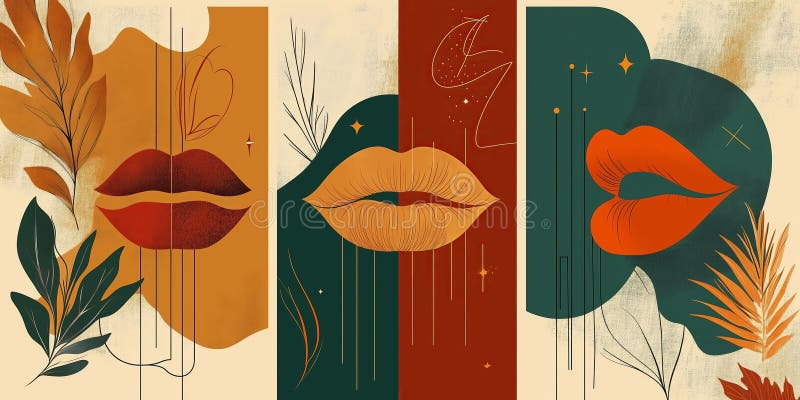 Artistic Collage Featuring Abstract Lips and Botanical Elements in Warm ...