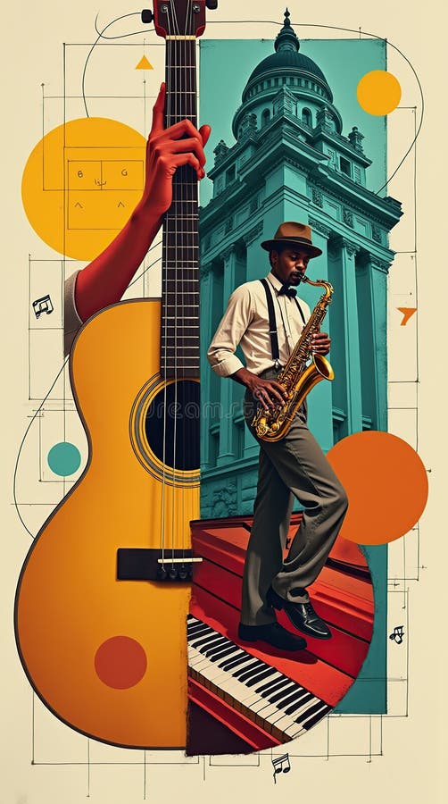 Artistic Collage Featuring Jazz Musician, Buildings, and Abstract ...