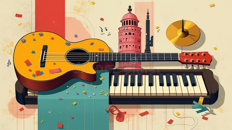 Artistic Collage Featuring Musical Instruments and Architectural ...