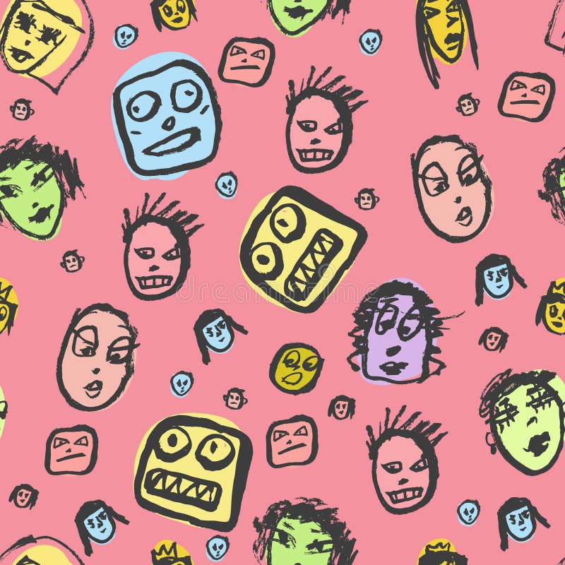 Doodles faces pattern stock vector. Illustration of character - 99687321