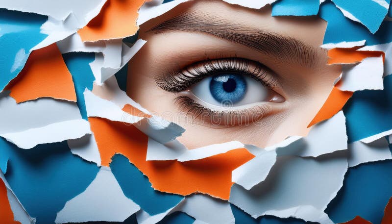 Artistic Composition of a Blue Human Eye Peeking through Layers of Torn ...