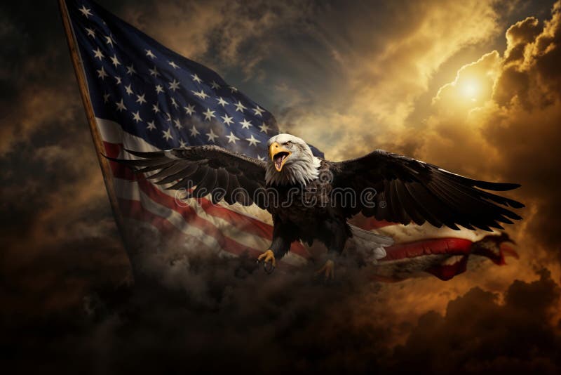 Artistic Composition Featuring a Bald Eagle in Flight with an American ...
