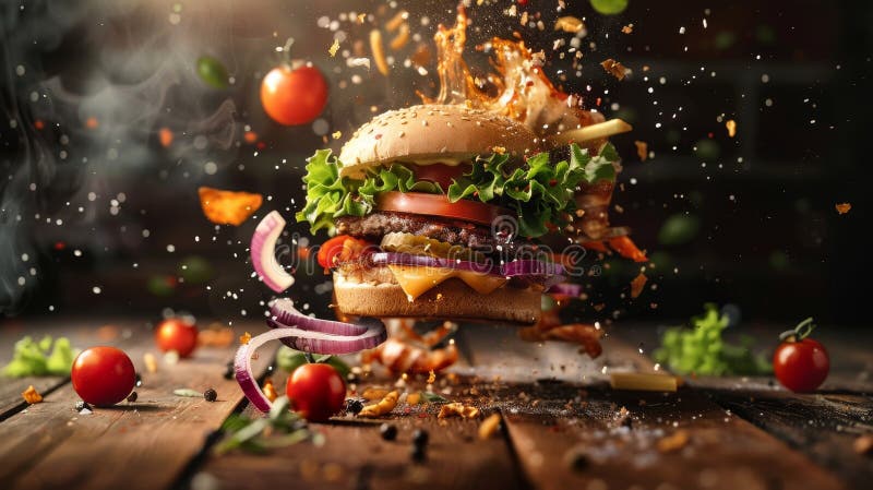 An Artistic Composition of Ingredients Exploding Out of a Burger Bun ...