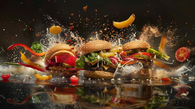 An Artistic Composition of Ingredients Exploding Out of a Burger Bun ...