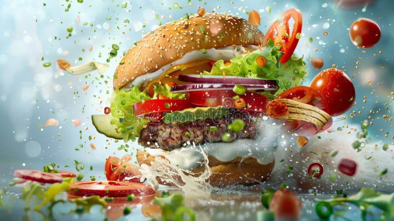 An Artistic Composition of Ingredients Exploding Out of a Burger Bun ...