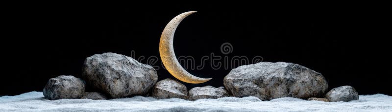 Artistic Composition of Rocks and Crescent Moon on Dark Background for ...