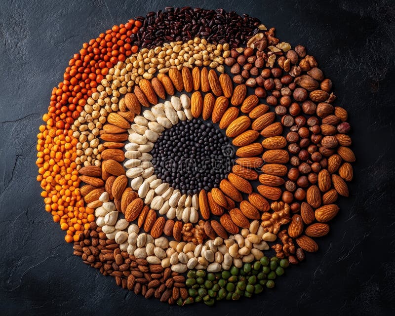 Artistic Composition of Various Nuts Arranged in a Circular Pattern on ...